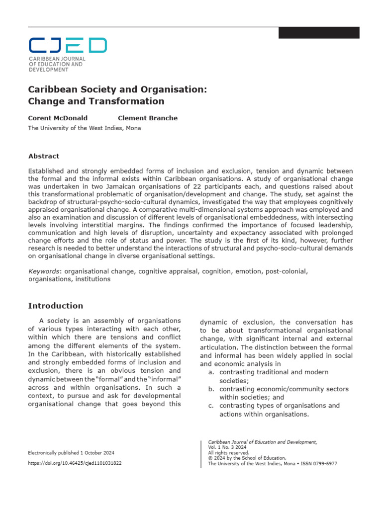 Caribbean Society and Organisation Change and Transformation | PDF ...