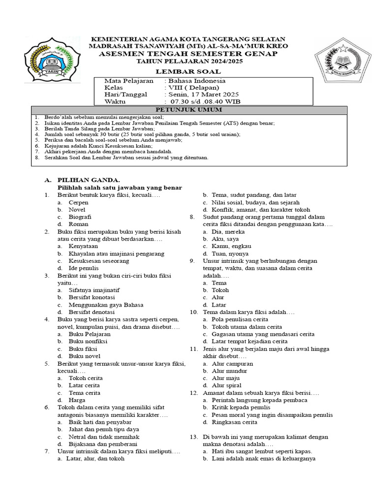 Soal Assemen Bahasa Indonesia Kelas 8 | PDF