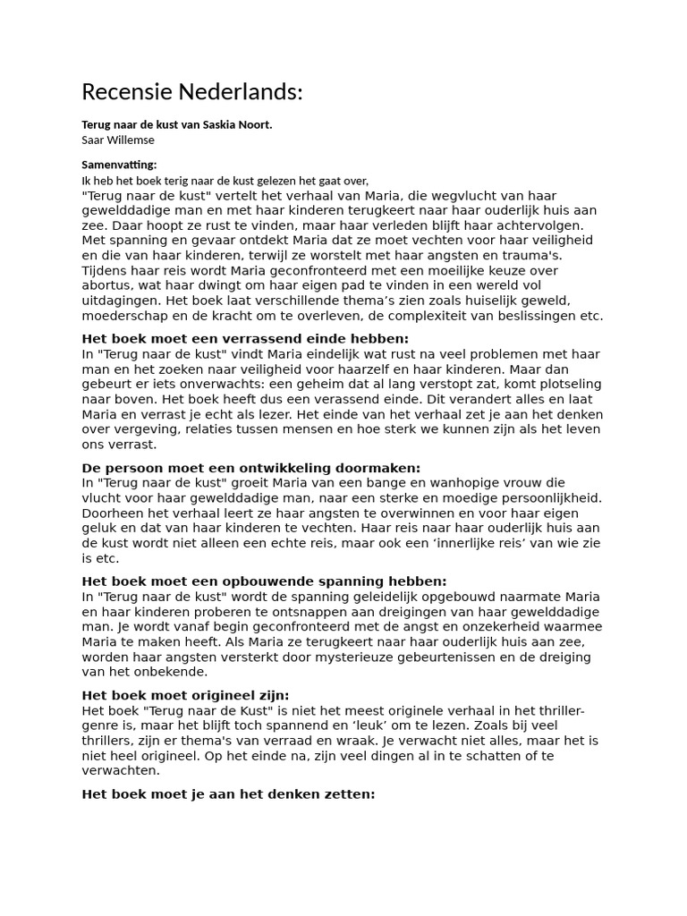 Recensie Nederlands Terug Naar de Kust. | PDF