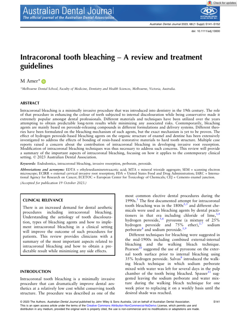 ADJ 2022 Intracoronal Tooth Bleaching | PDF | Hydrogen Peroxide | Bleach