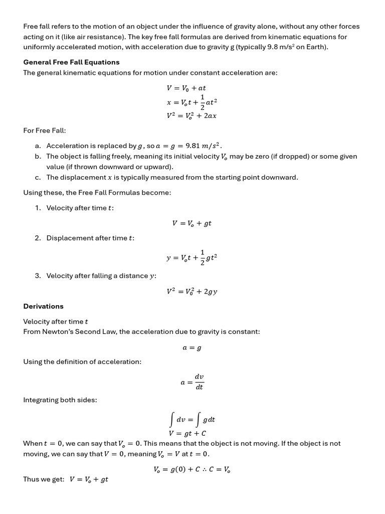 Free Fall Motion and Equations Explained | PDF | Acceleration | Velocity