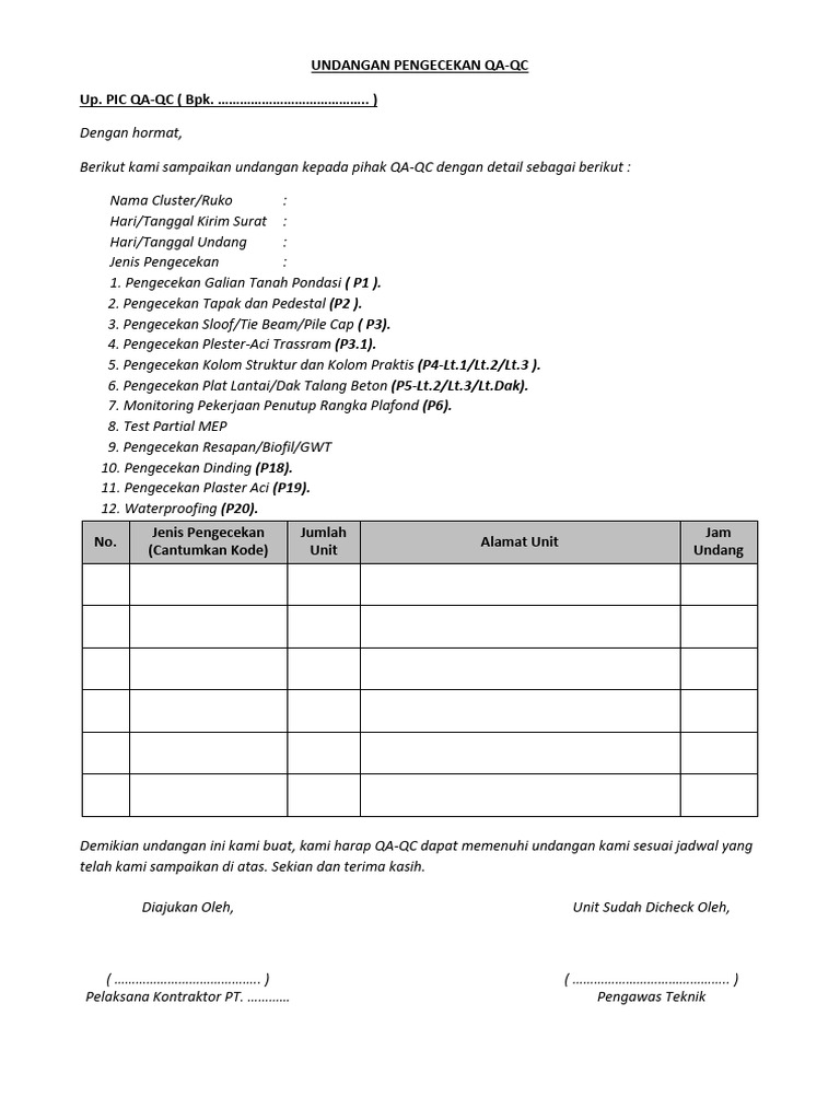 Undangan Pengecekan QA-QC Proyek | PDF