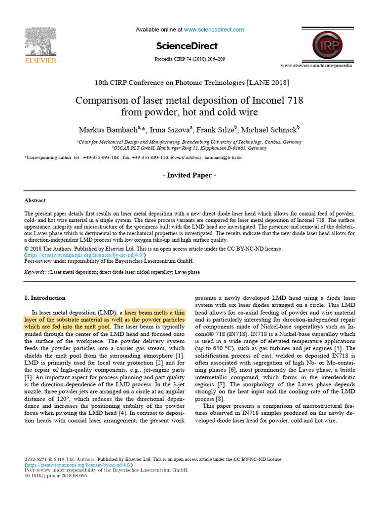 Comparision of Powder, Cold and Hot Wire IN718 | PDF | Heat Treating ...