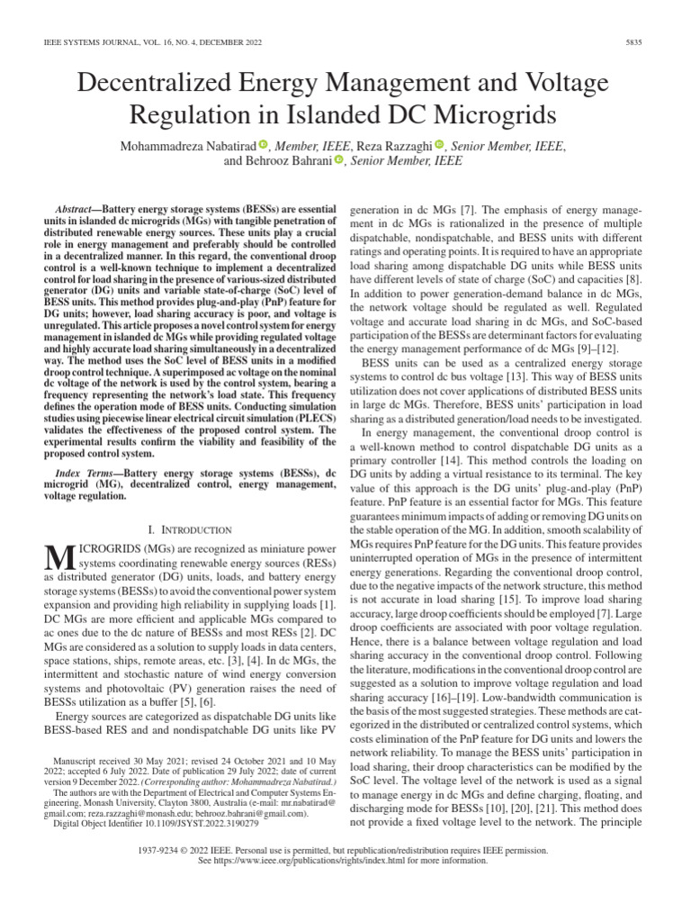Review Decentralized Energy Management and Voltage Regulation in ...