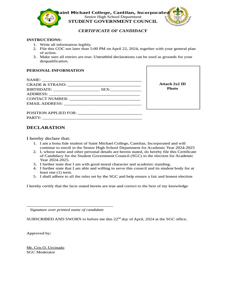 SGC Certificate of Candidacy Instructions | PDF
