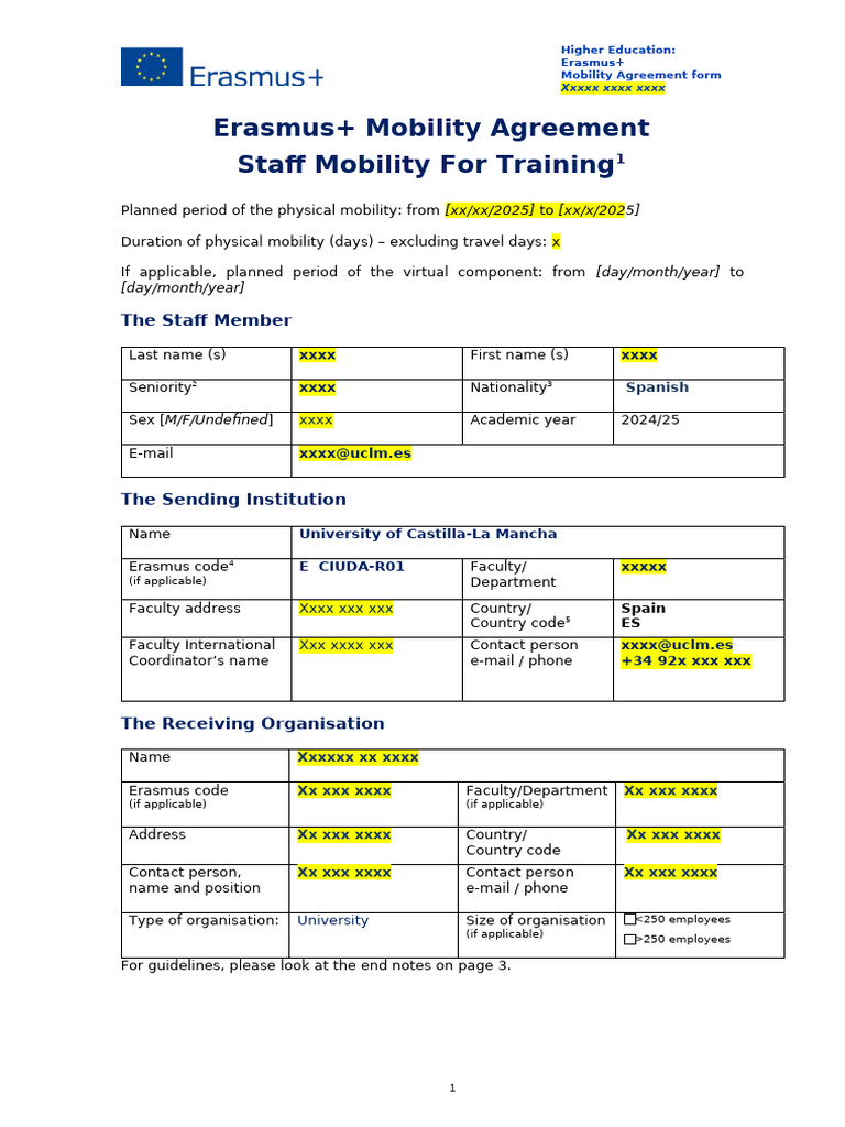 Erasmus+ Staff Mobility Agreement Form | PDF | Identity Document