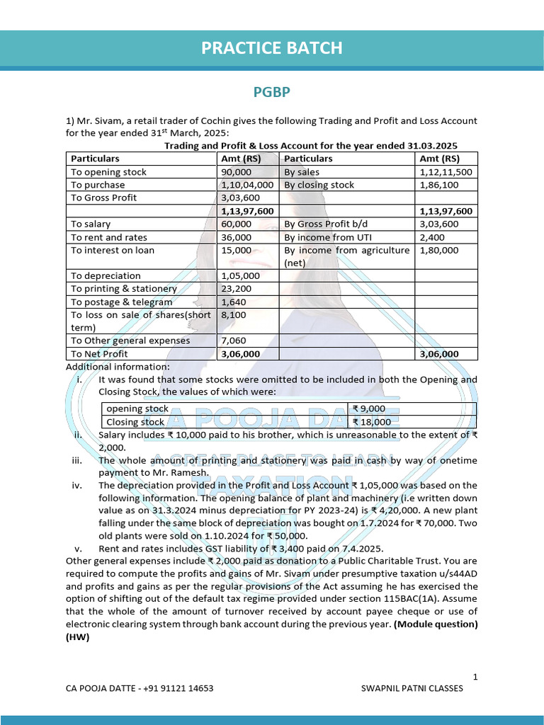 Practice Batch 2025 - PGBP (1) | PDF | Expense | Income Tax