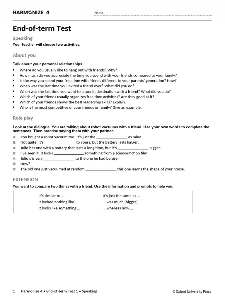 Harmonize_4_End-of-term Test 1_Speaking | PDF
