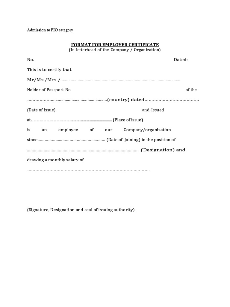 Employer Certificate Format for PIO | PDF