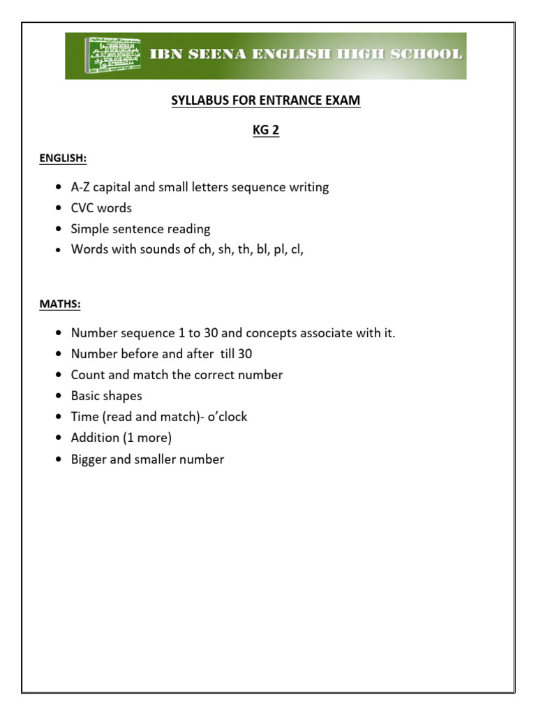 KG2 Entrance Exam Syllabus Overview | PDF | Grammatical Number ...