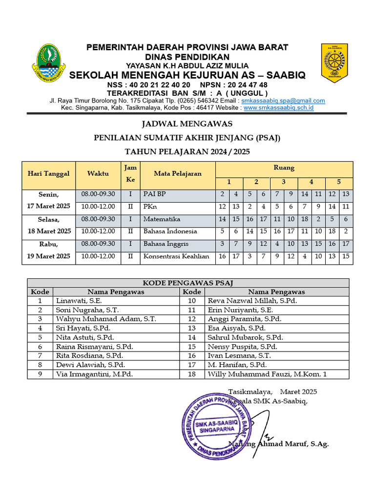 Jadwal Mengawas Psaj | PDF