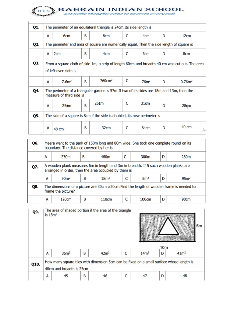 PERIMETER AREA MCQ's | PDF