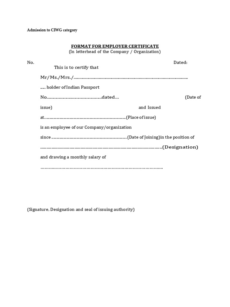 Employer Certificate Format for CIWG | PDF