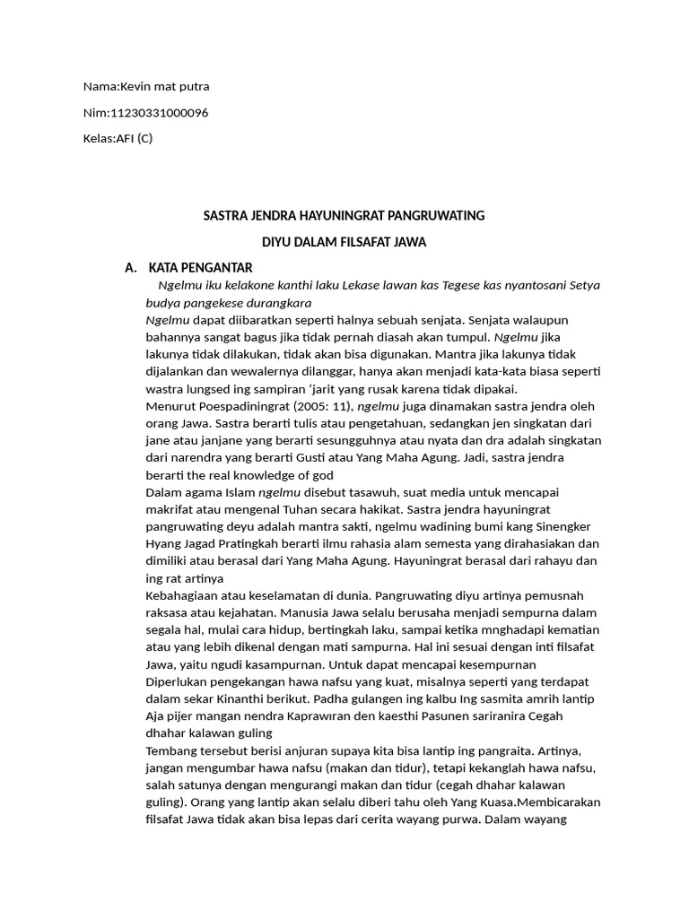 Sastra Jendra Hayungrat Pangruwating Diyu Dan Filsafat Jawa | PDF