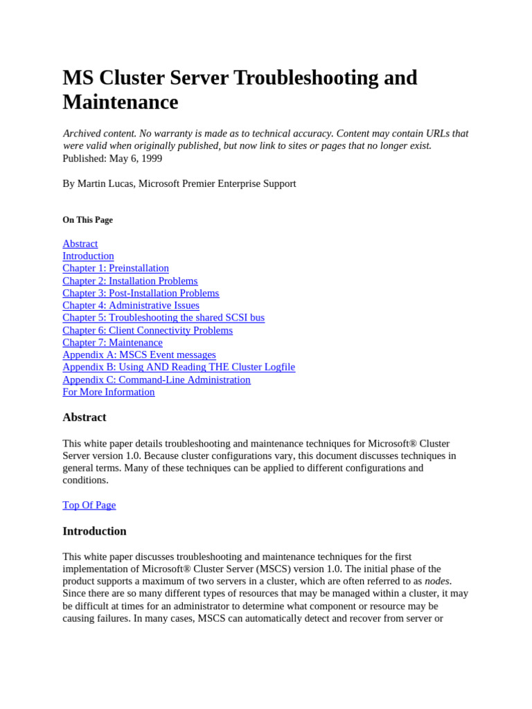 MS Cluster Server Troubleshooting and Maintenance | PDF | Computer Cluster | Computer Network
