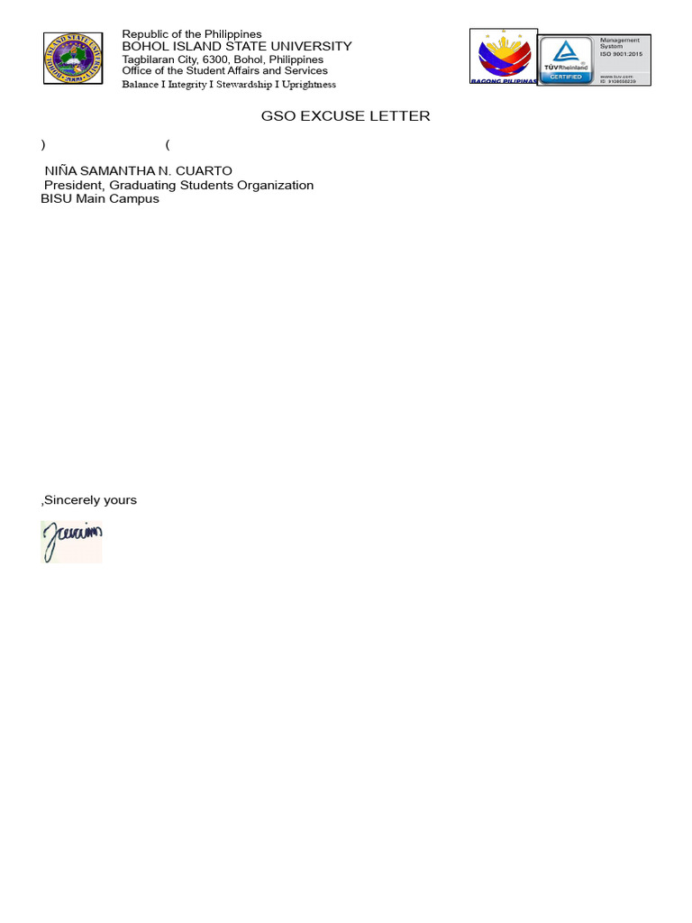Oracion Gso Excuse Letter | PDF