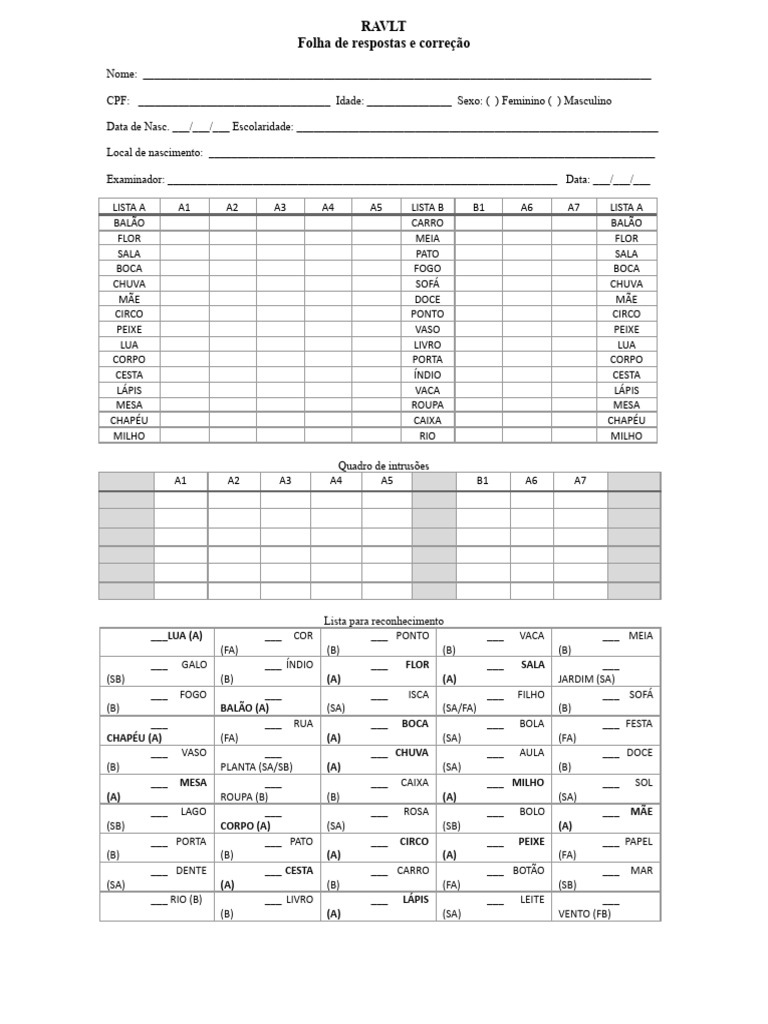 Ravlt - Folha de Respostas | PDF