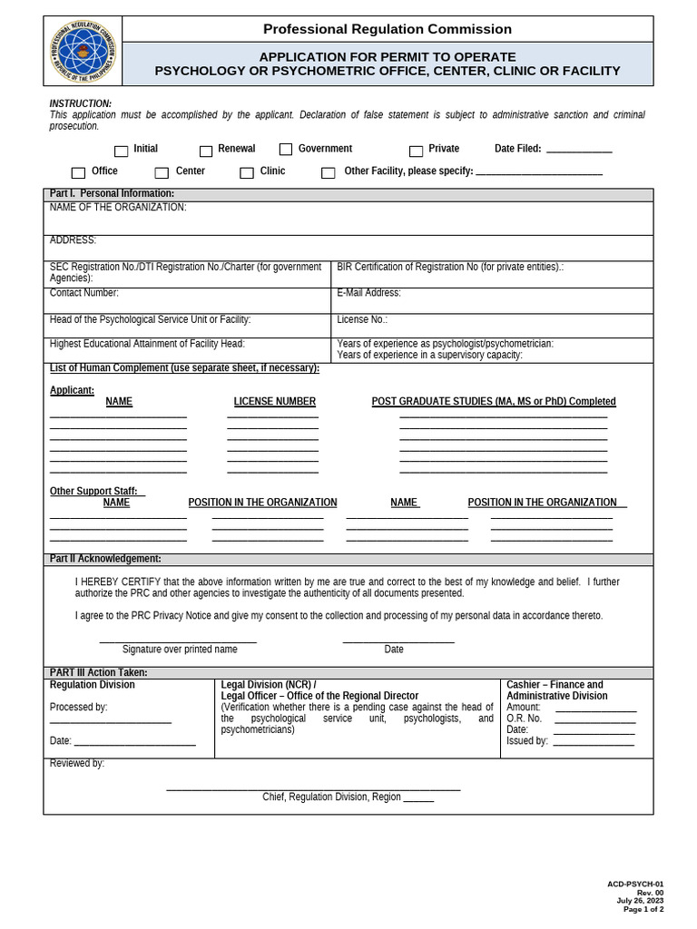 Psychology Facility Operation Permit | PDF | Psychometrics | Psychologist