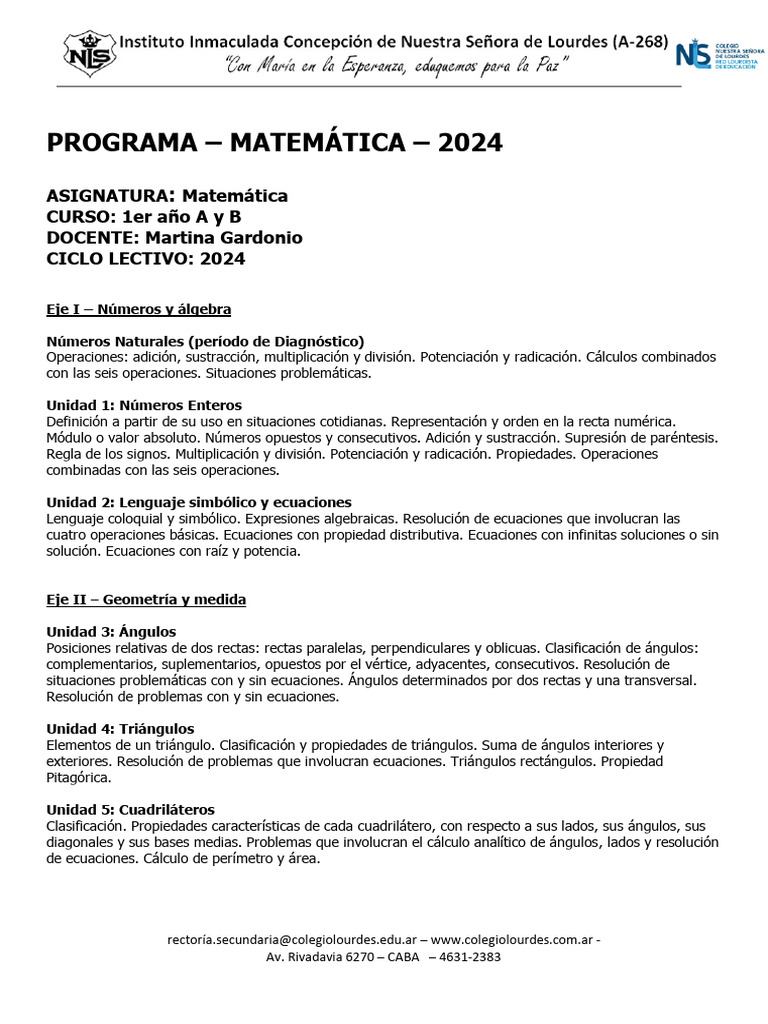 Programa 2024 - Matemática - 1ro A y B | PDF | Triángulo | Ecuaciones