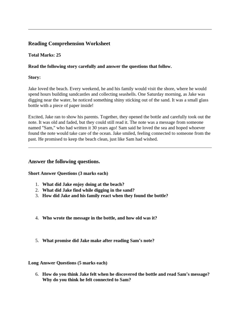 Reading Comprehension Worksheet 2 | PDF