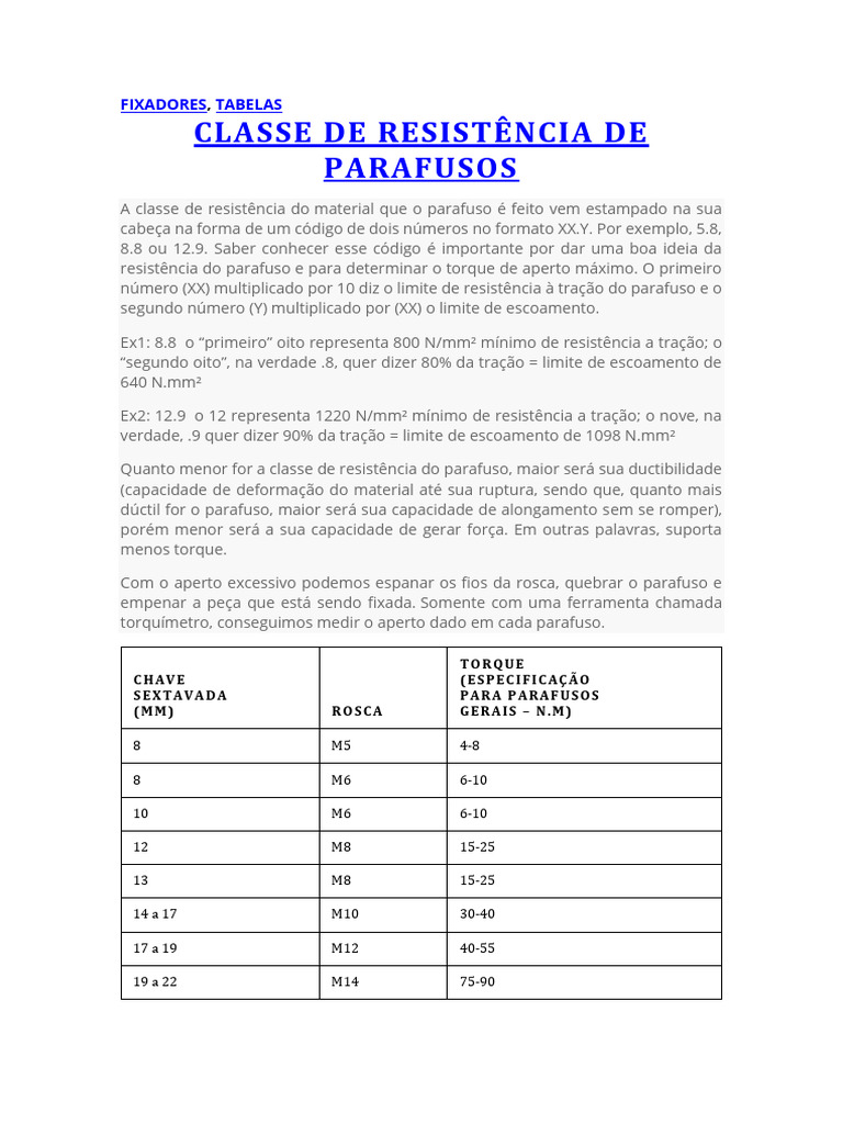 Tabelas de Torque de Acordo Com o Parafuso Usado | PDF | Parafuso ...