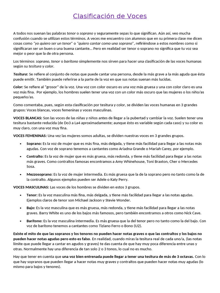 Clasificación de Voces | PDF | Ópera | Canto