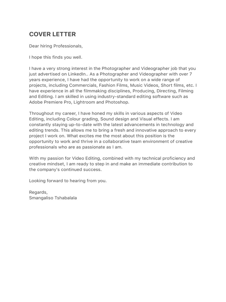 Videographer and Photographer Cover Letter | PDF