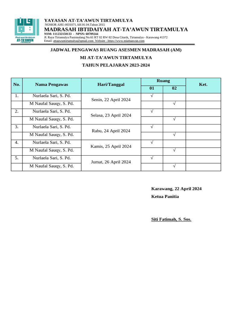 Jadwal Pengawas Ruang | PDF