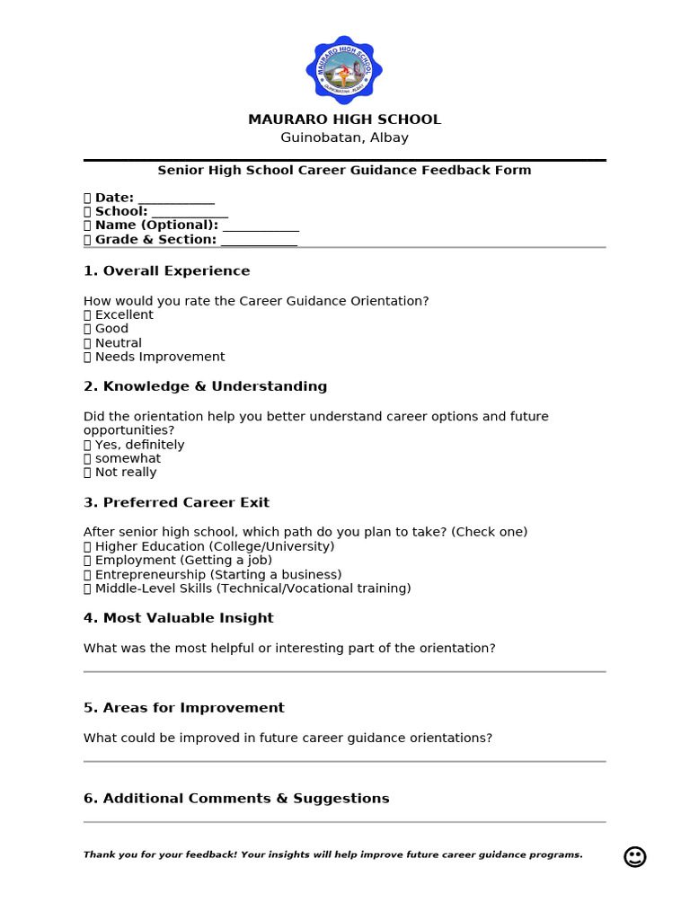 Senior High School Career Guidance Feedback Form | PDF