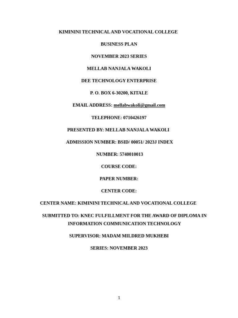 Kiminini College Business Plan 2023 | PDF | Working Capital | Prices