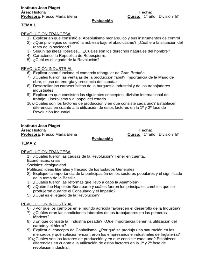 Instituto Jean Piaget - Doc Evaluacion 1 | PDF | revolución Francesa ...
