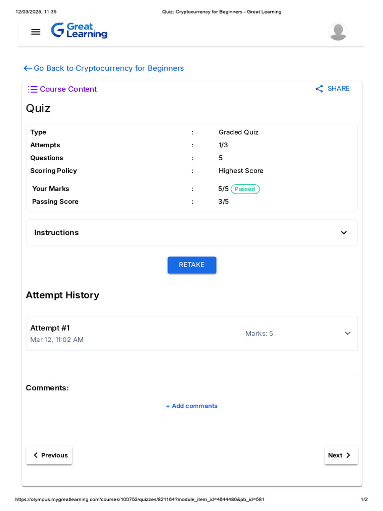 Quiz - Cryptocurrency For Beginners - Great Learning | PDF