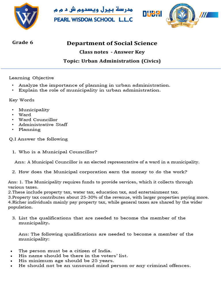 Urban Administration: Grade 6 Answer Key | PDF