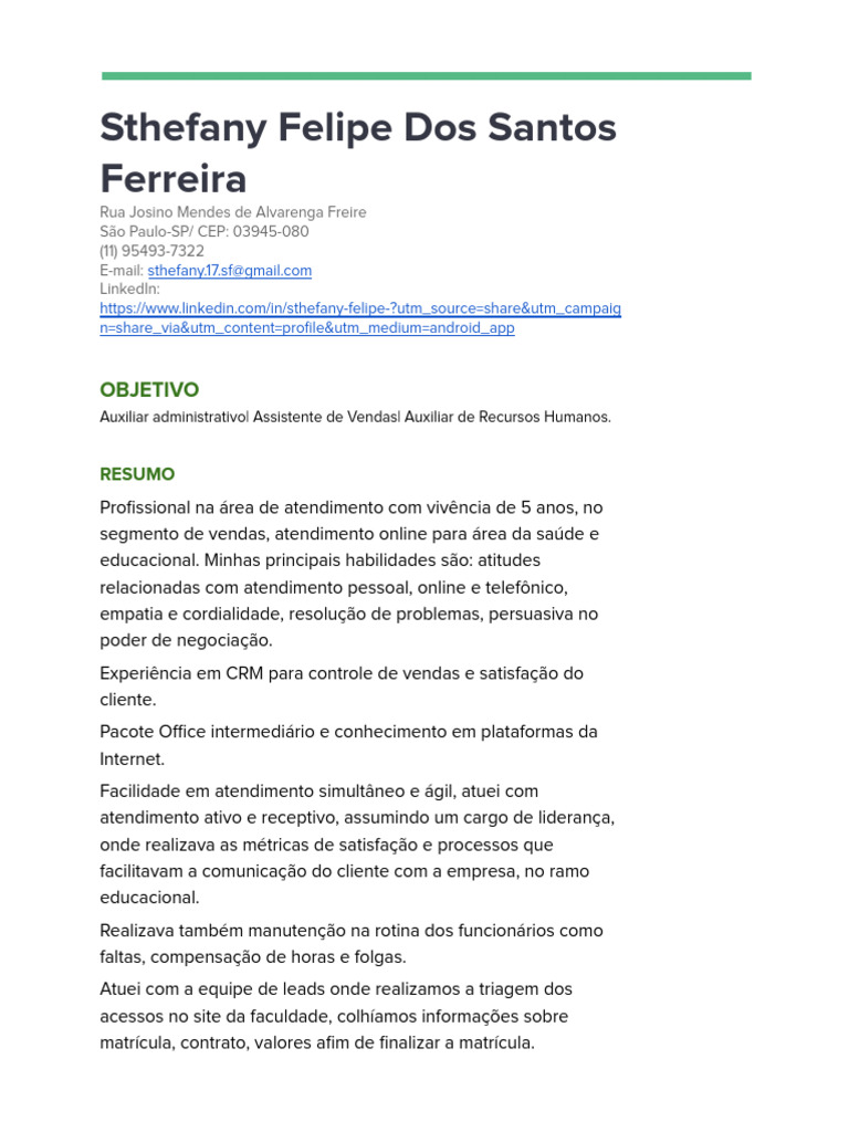 CV Sthefany | PDF | Gestão de recursos humanos | Gestão de relacionamento com o cliente