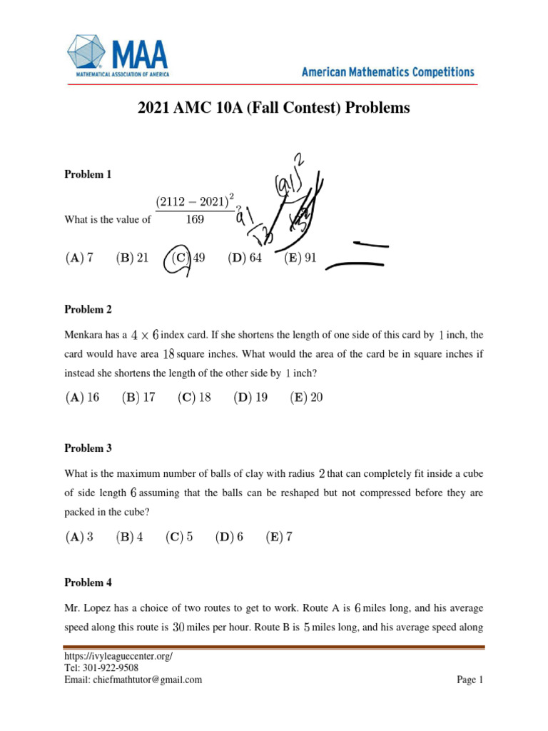 2021 Amc 10a Problems and Answers Fall | PDF | Quadratic Equation | Polynomial