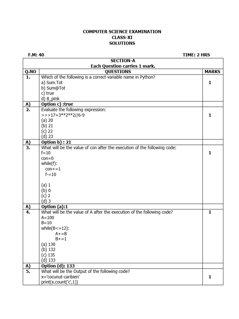 Computer Science Exam Solutions XI | PDF | Computer Programming ...