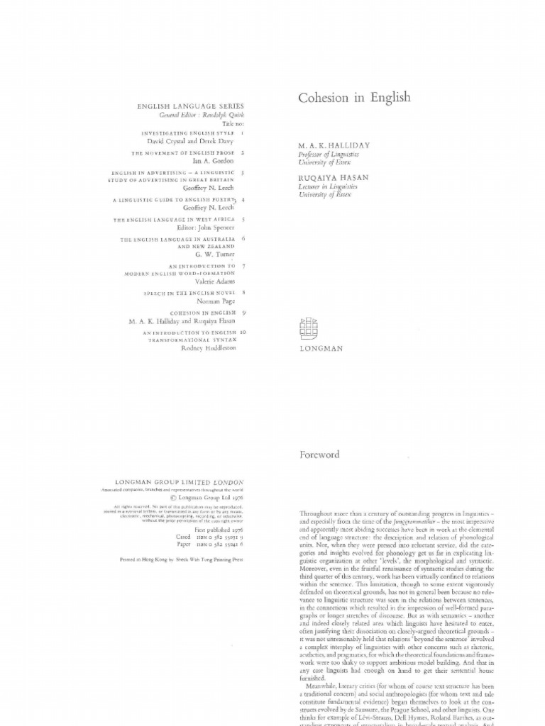 Cohesion in English - Halliday and Hasan | PDF