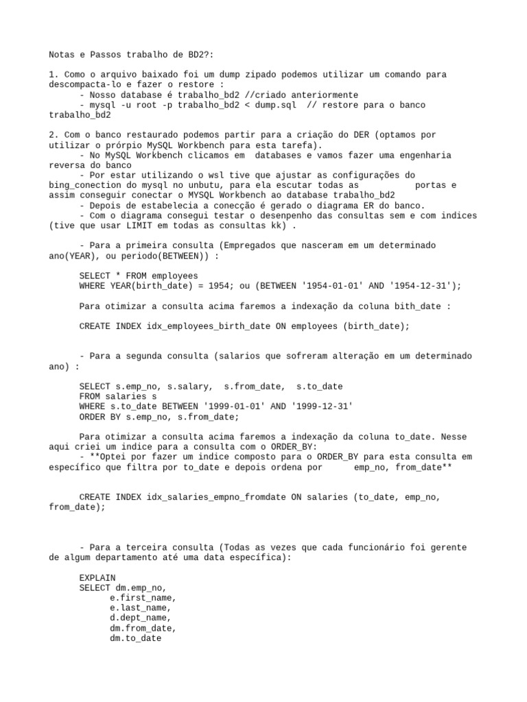Notas e Passos Trabalho de BD2 | PDF