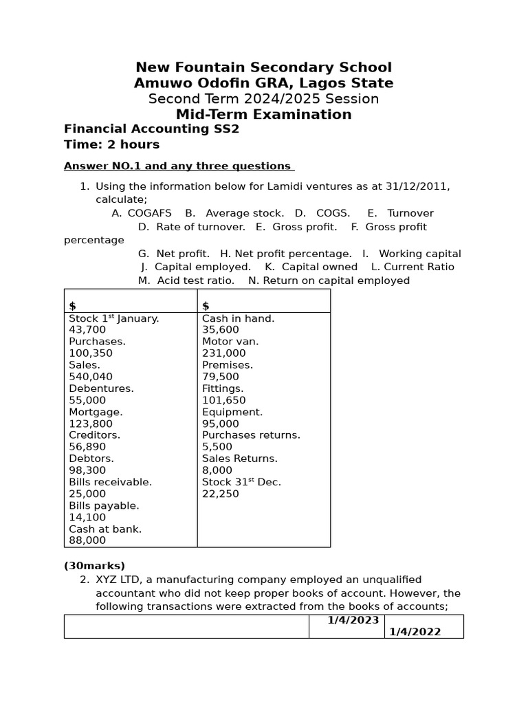 SS2 Financial Accounting Mid-Term Exam | PDF | Goodwill (Accounting ...