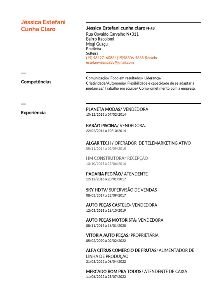 Currículo de Jéssica Estefani Cunha | PDF
