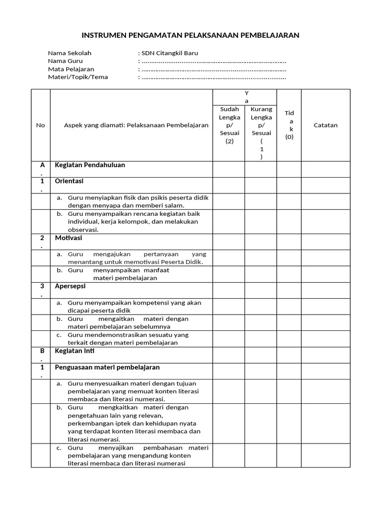 INSTRUMEN PENGAMATAN PELAKSANAAN PEMBELAJARAN (1) | PDF