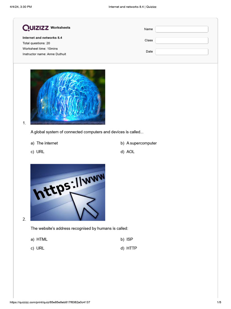 Internet and Networks Quiz Worksheet | PDF | Computer Network | World ...