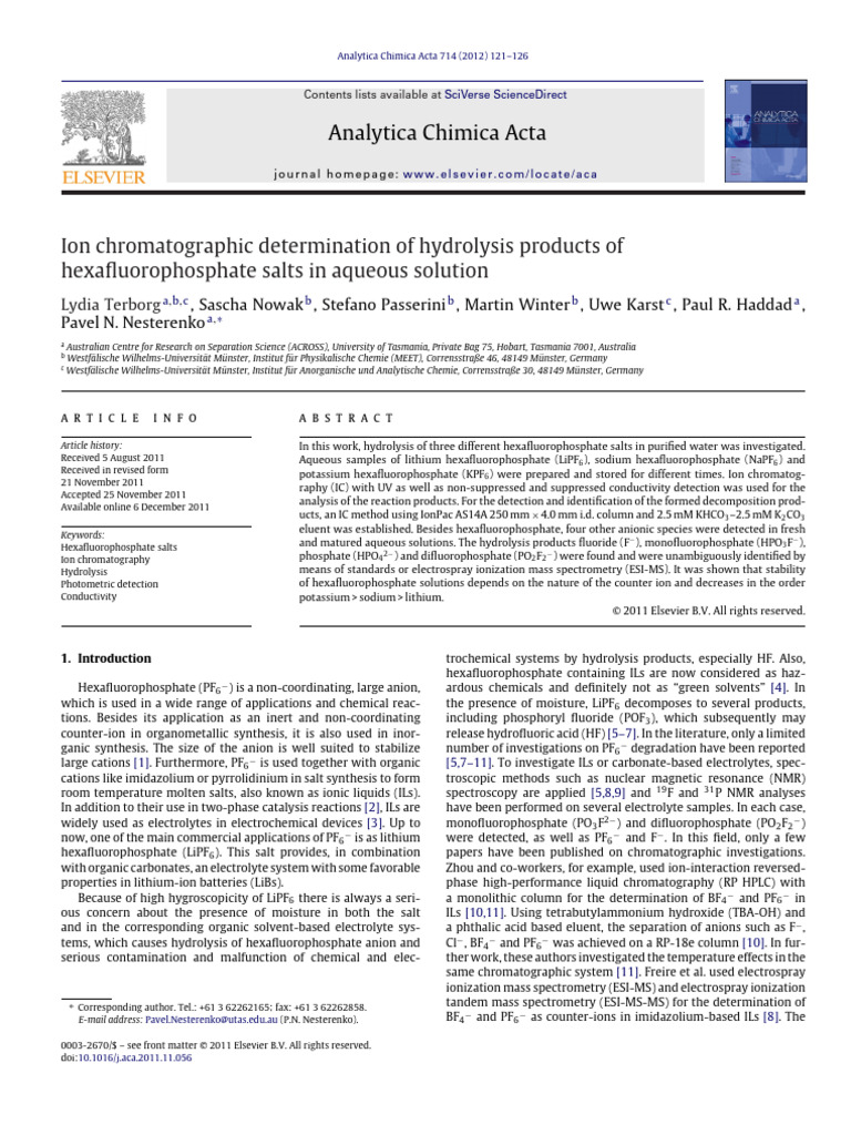2012 Ion Chromatographic Determination of Hydrolysis Products of LiPF6 ...