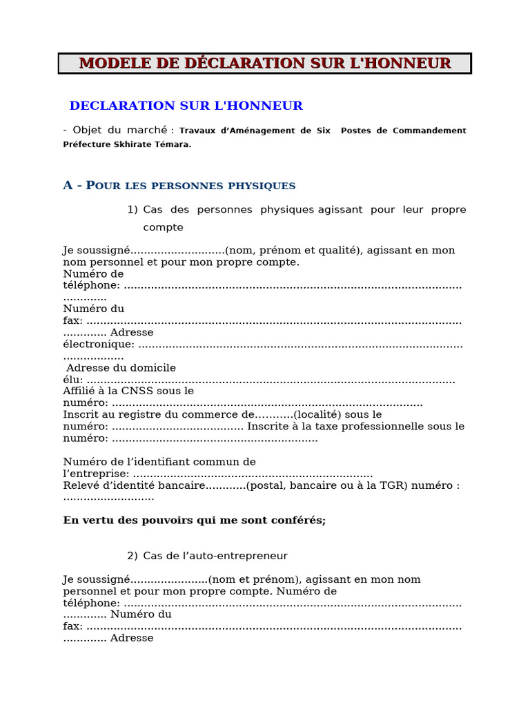 Modèle de Déclaration sur l'Honneur | PDF | Business | Banques