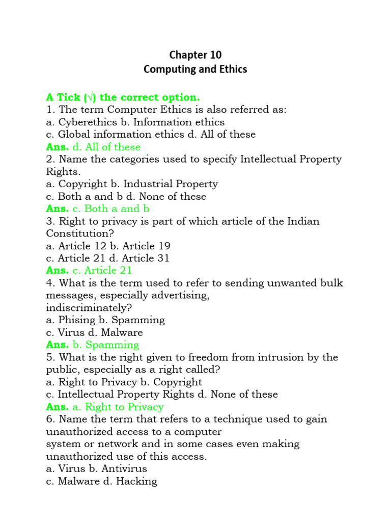 Chapter 10, Computing and Ethics | PDF | Malware | Computer Virus