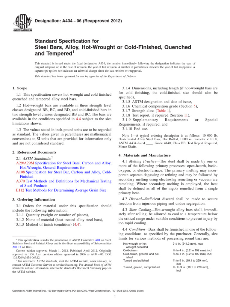 ASTM A434-06R12 Standard Specification For Steel Bars, Alloy, Hot ...