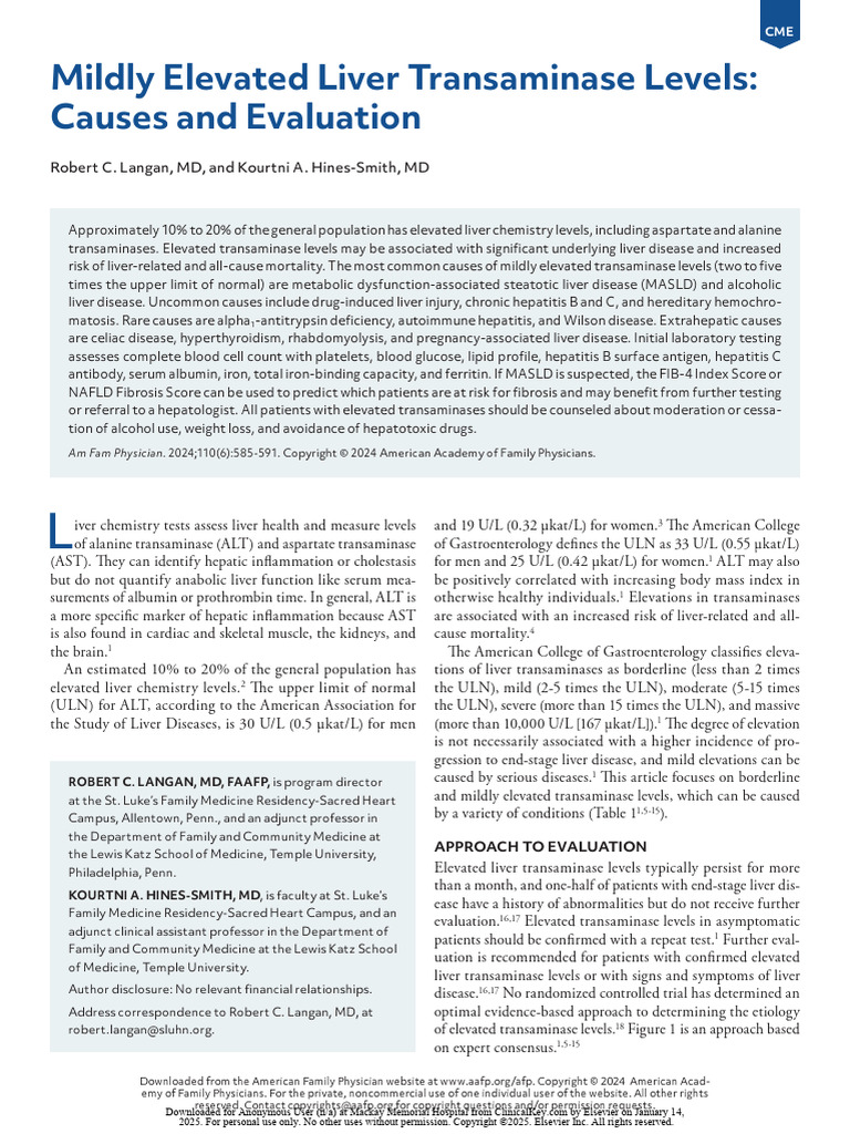 Mildly Elevated Liver Transaminase Levels - Causes and Evaluation | PDF ...