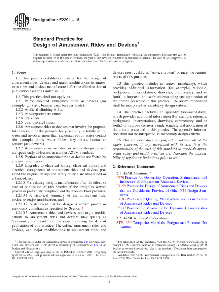 ASTM F2291-15 Standard Practice For Design of Amusement Rides and Devices | PDF | Hazards