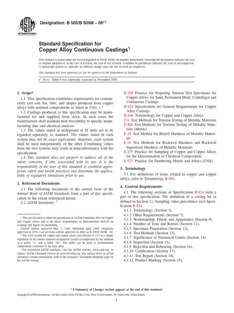 ASTM B505-B505M-05 Standard Specification For Copper Alloy Continous ...