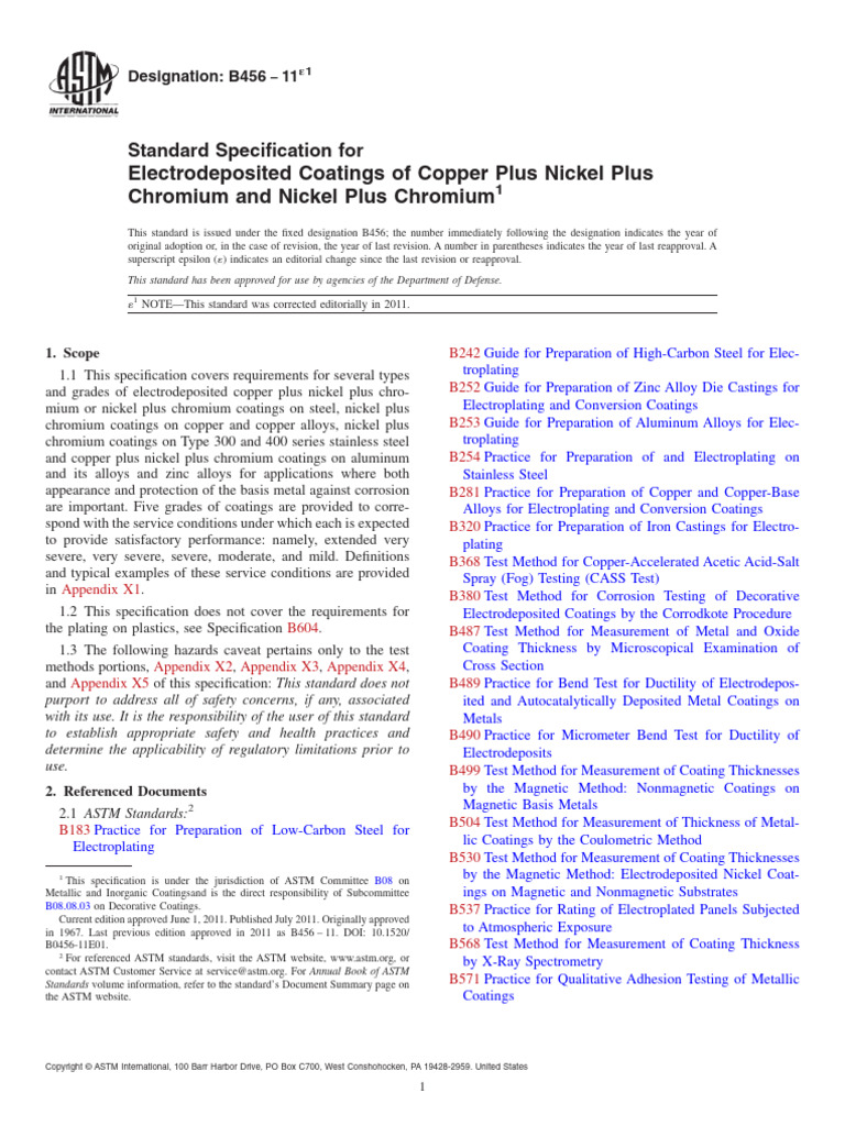 ASTM B456 -11 Standard Electrodeposited Coatings of Copper Plus Nicket ...